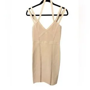 bebe | Dresses | Bebe Bodycon Bandage Halter Strap Midi Dress Nude Med ...